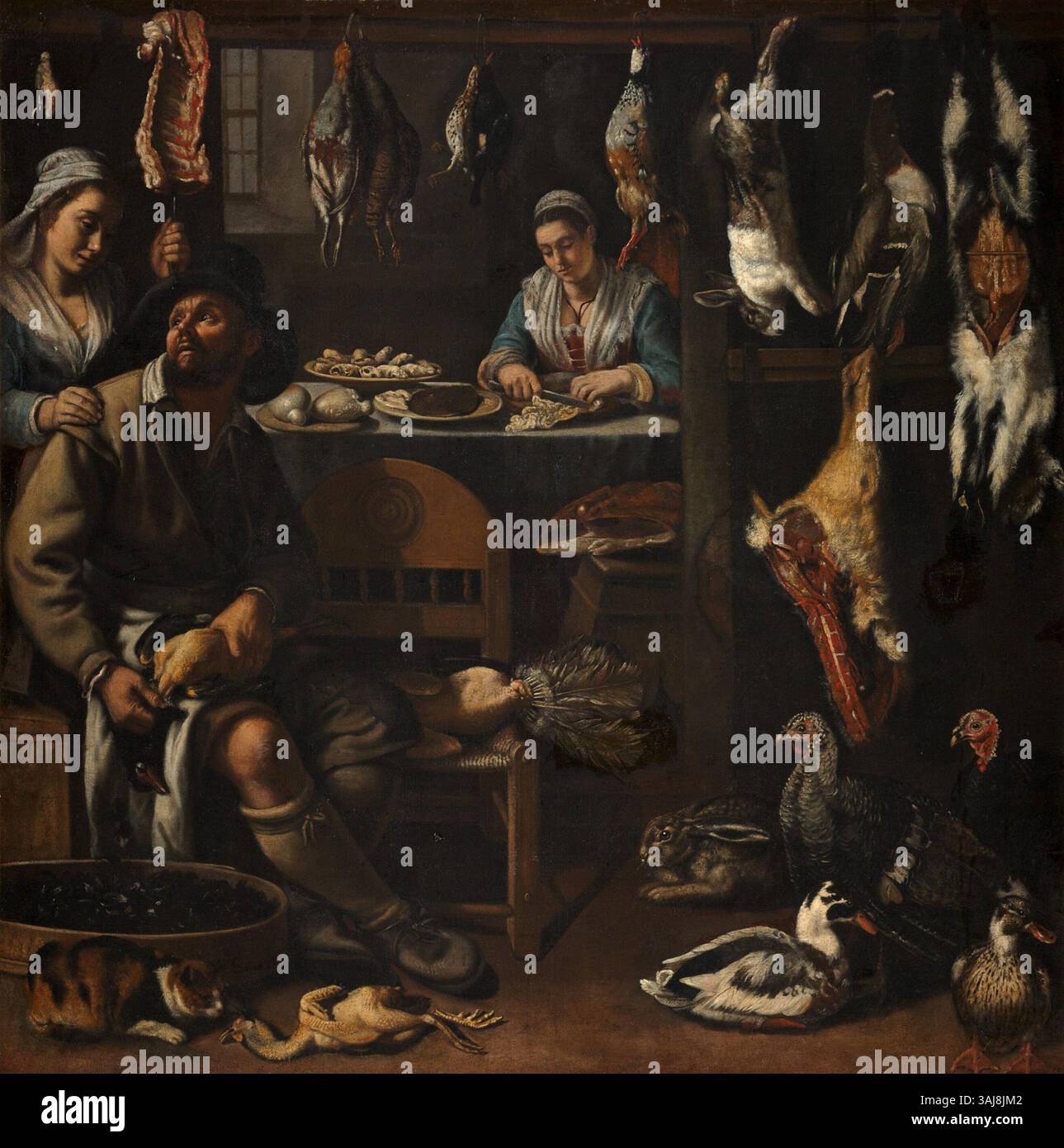 This 1590 oil painting depicts a kitchen scene, typical of genre painting from the period. The ...