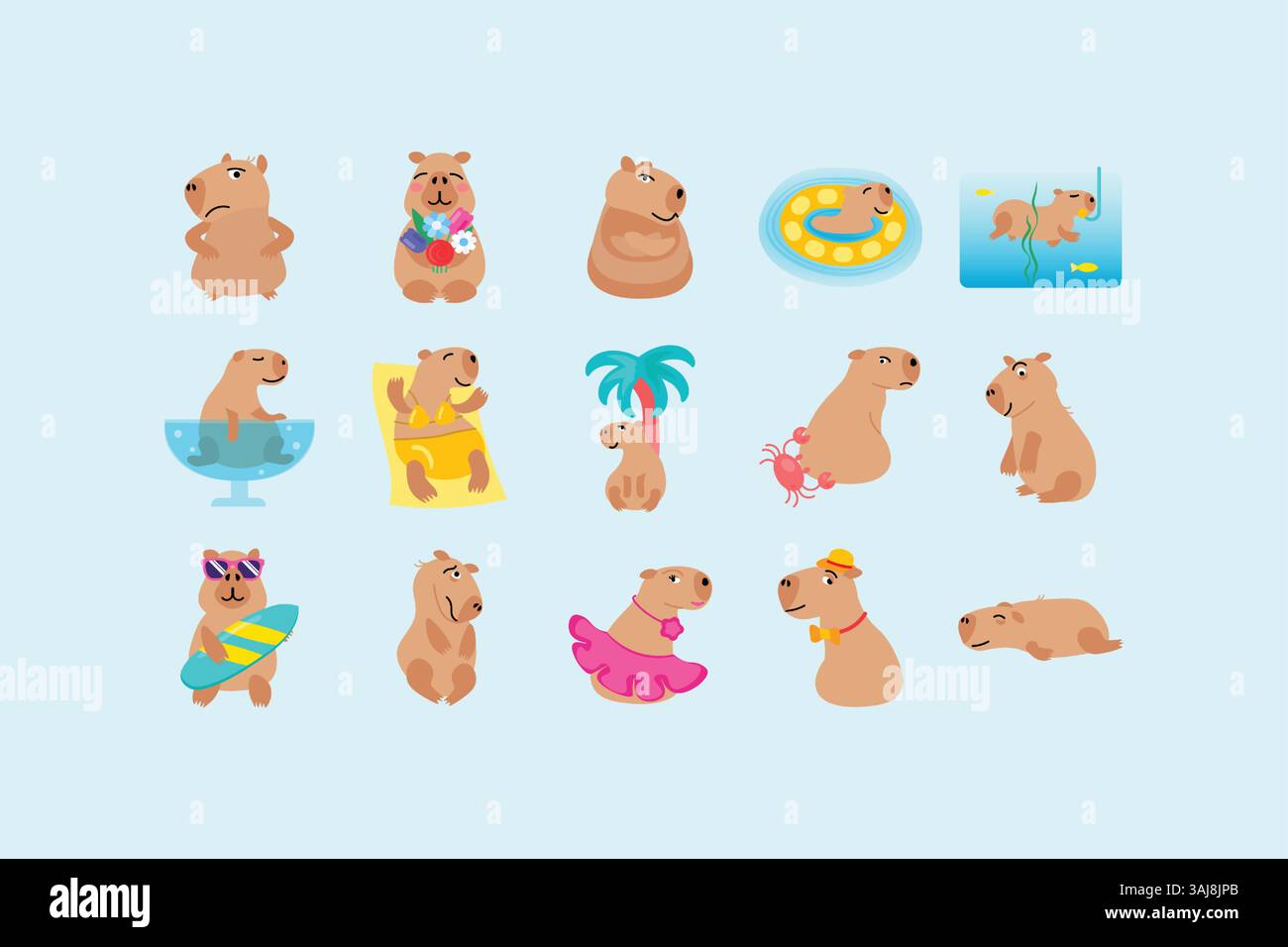 Set of African swamp animal capybara in various poses and facial ...