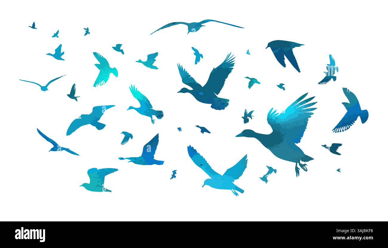 A blue flock of ducks and seagulls flying. hand drawing. Not AI. Vector ...