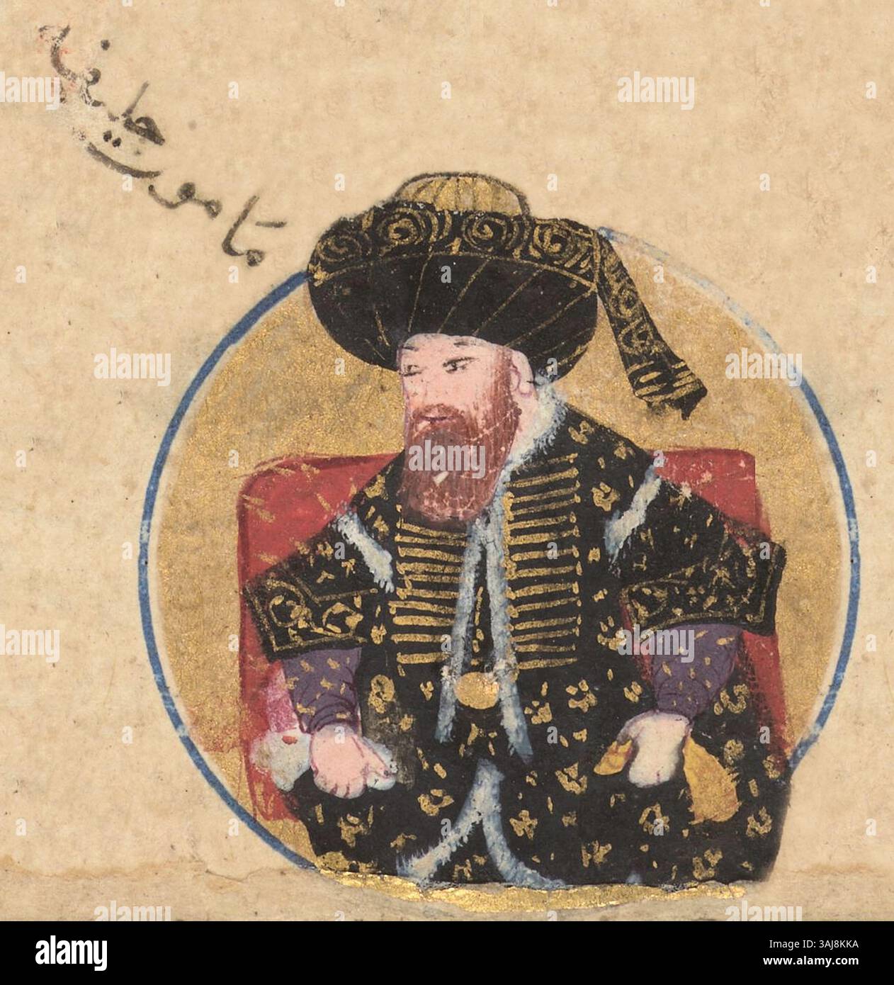 A depiction of Abbasid Caliph al-Mamun from the 1598 manuscript 'Zübdet-üt Tevarih,' part of a ...
