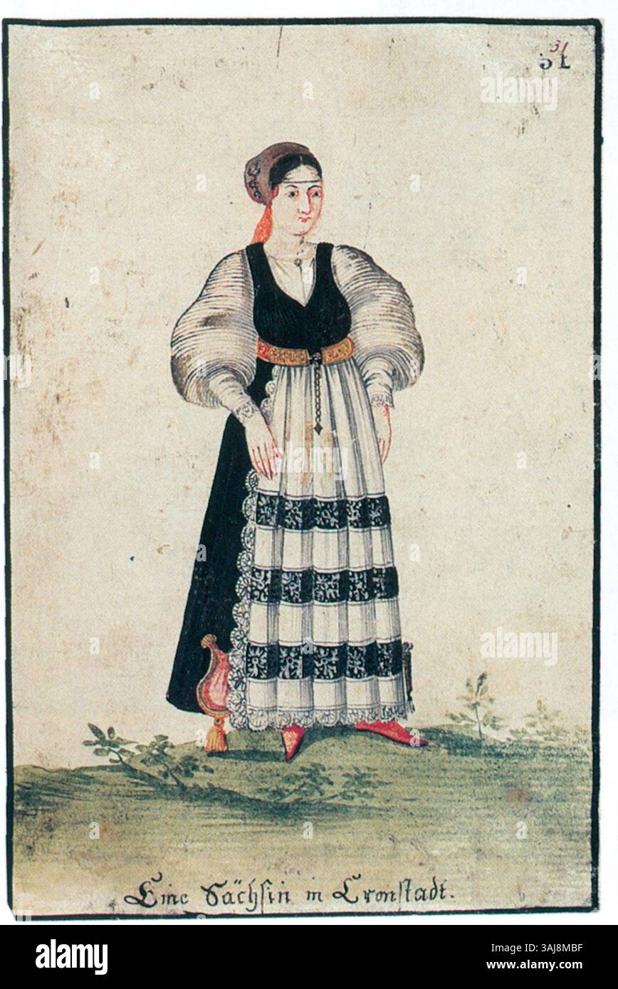 The 18th-century costume of a Saxon woman from Brassó is depicted ...