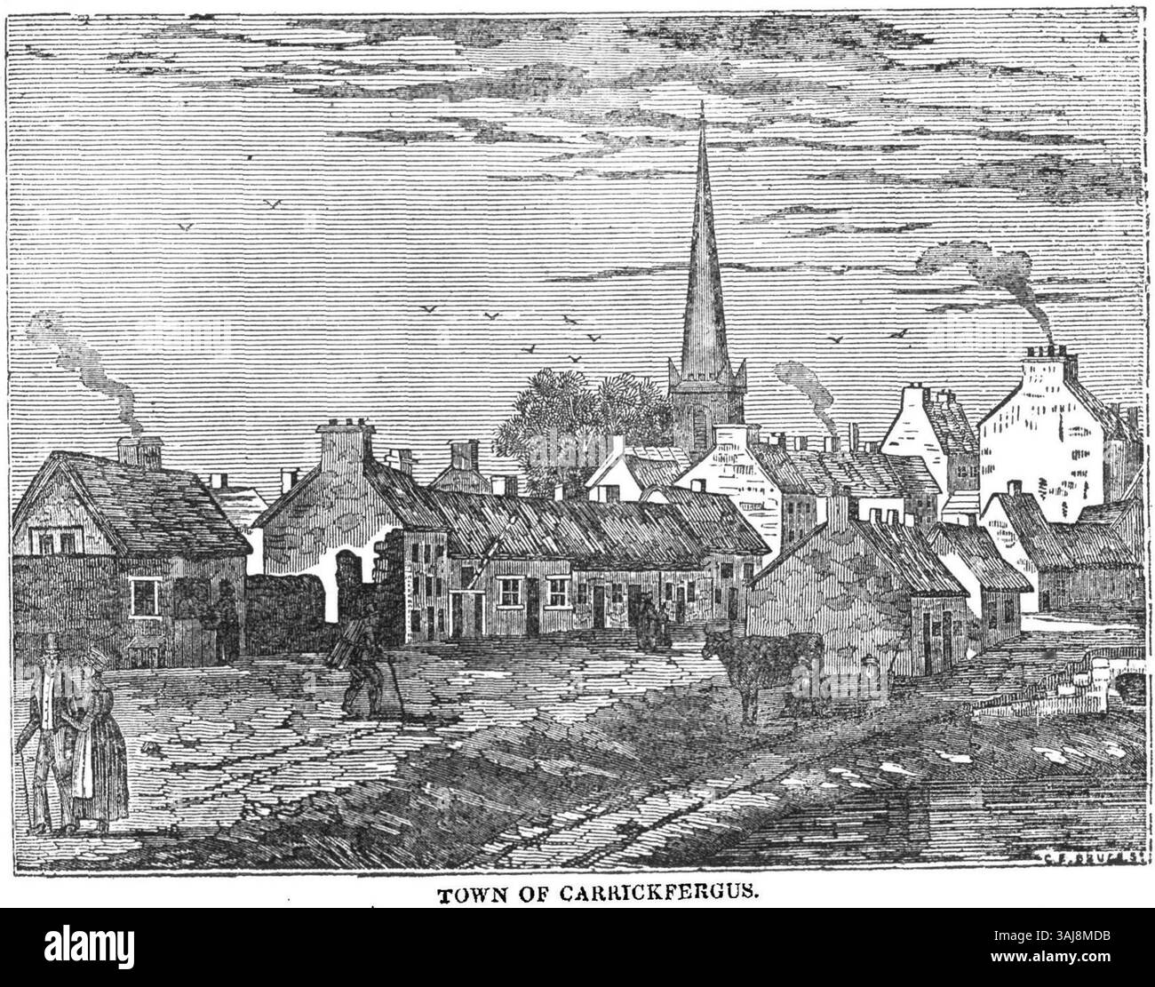 This image shows the town of Carrickfergus, Northern Ireland, as depicted in 'The Dublin Penny ...