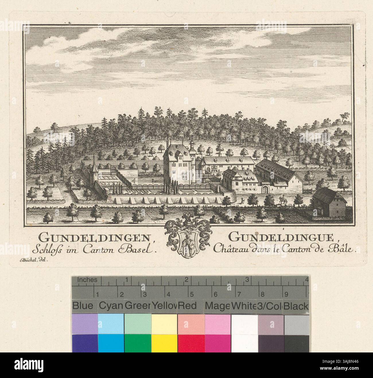 This 1755 etching depicts Schloss Gundeldingen in the Basel canton ...