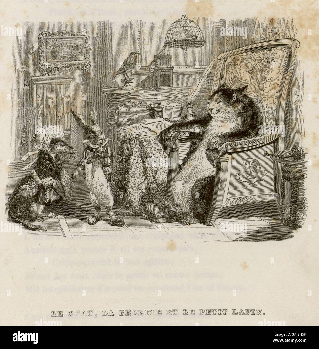 A print from La Fontaine's Fables, 'The Cat, the Weasel, and the Little ...