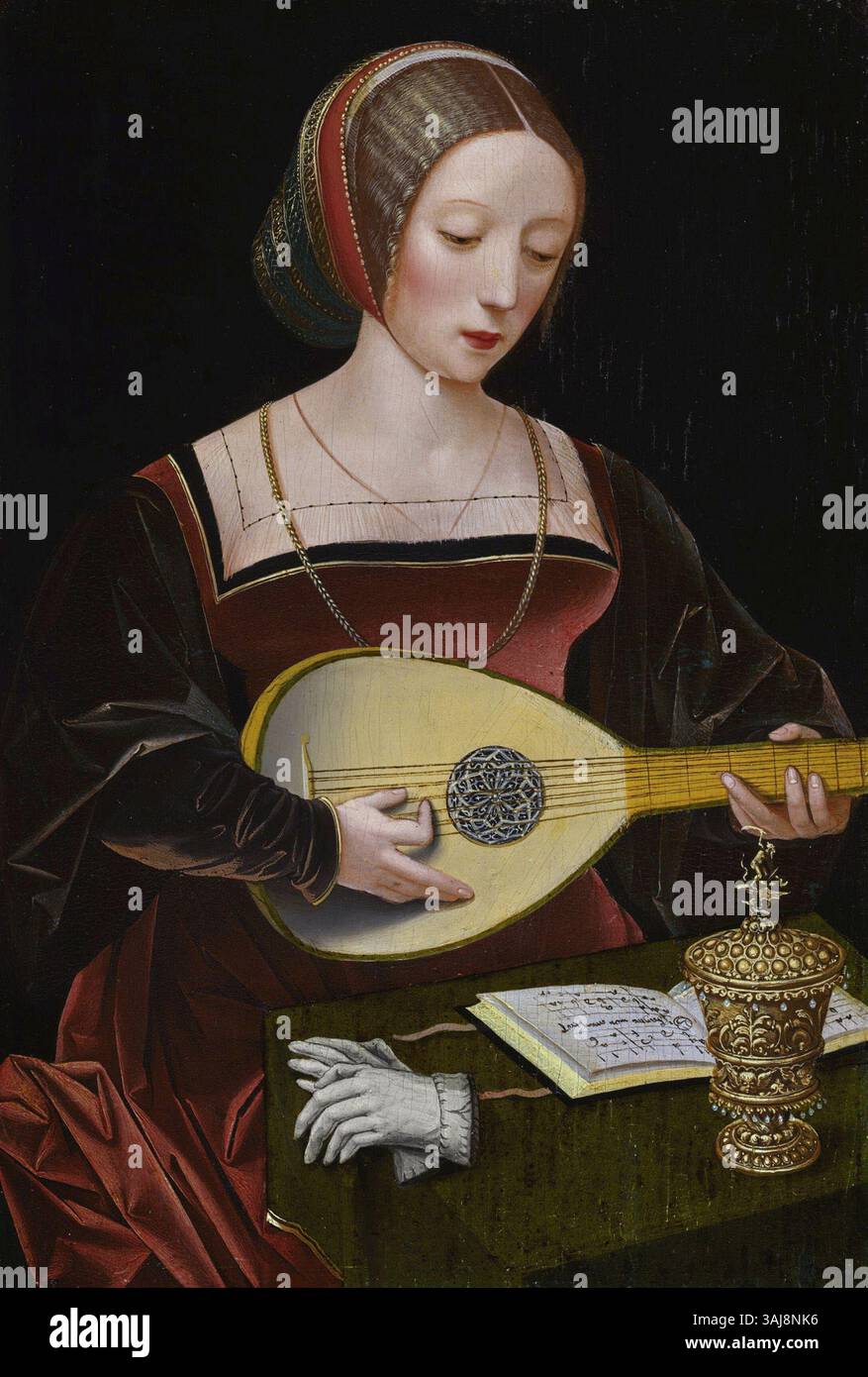 A 16th-century painting by the Master of the Female Half-lengths, featuring a young lady playing ...