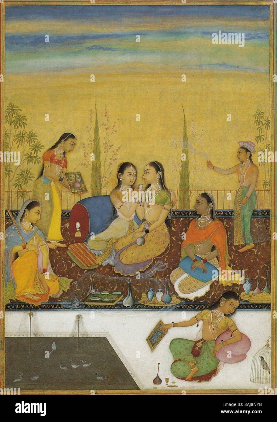 This painting, created by Ruknuddin in 1675, portrays ladies of the ...