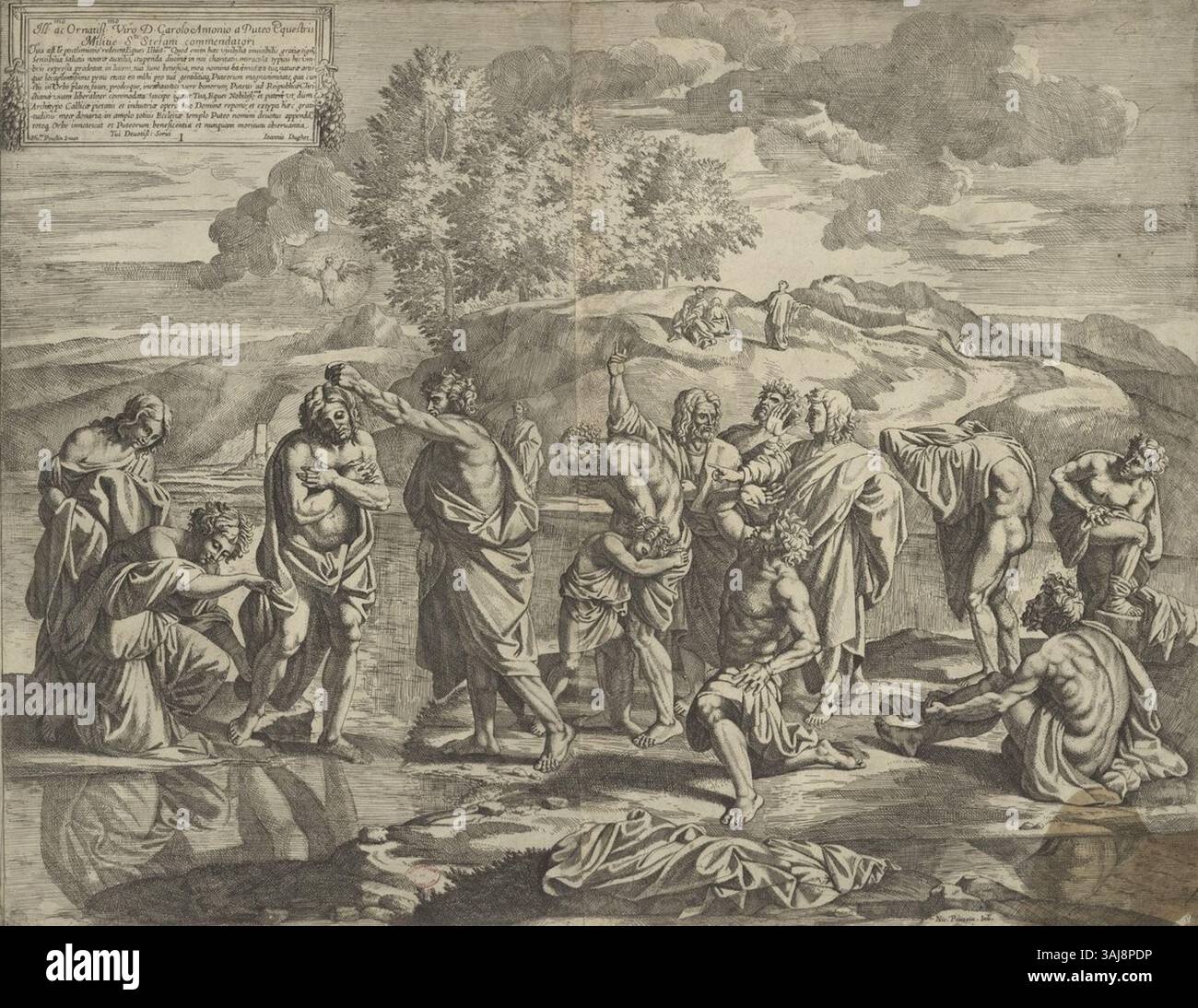 This 1650 work by Jean Dughet, after Nicolas Poussin, depicts the Baptism of Christ, a ...