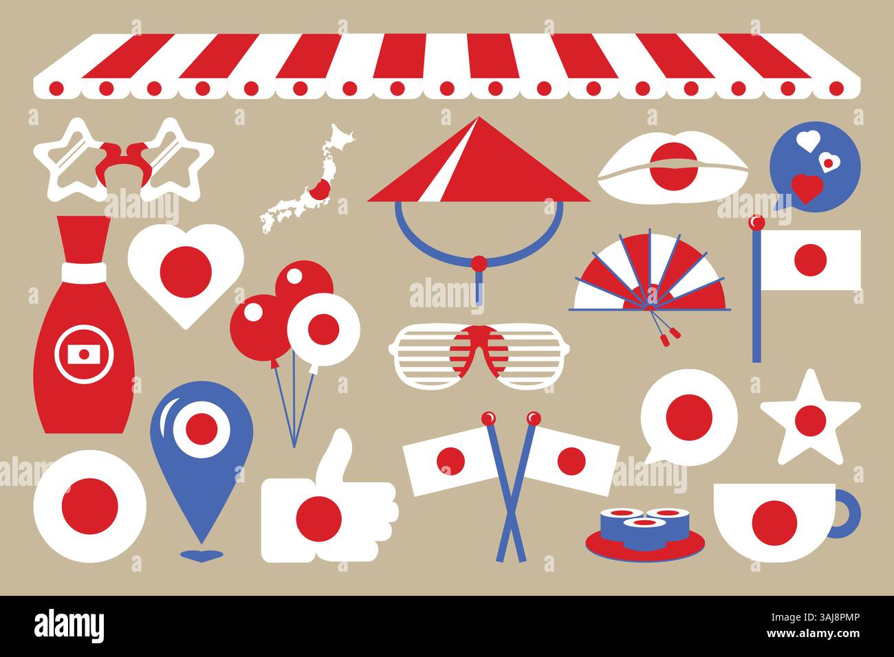 Set of festive elements, attributes of Japanese flag Independence Day ...