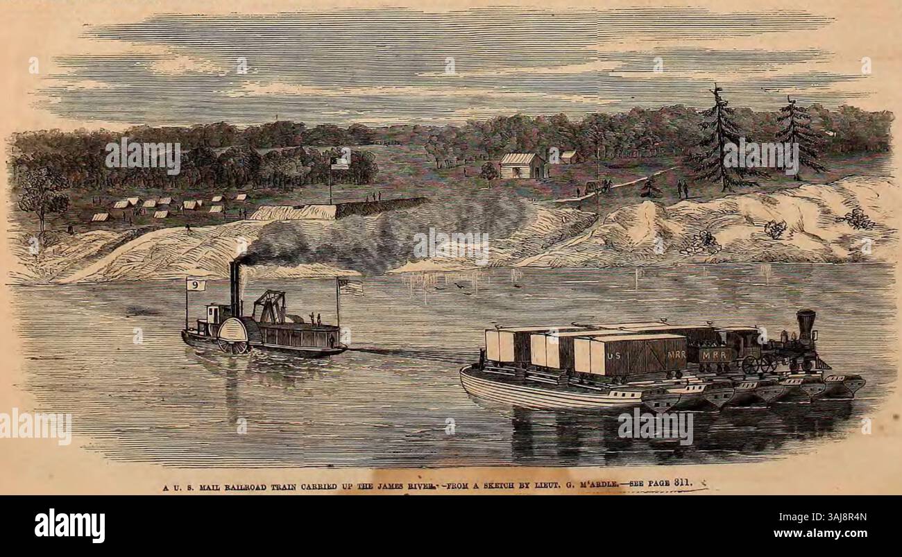 A U.S. Mail Railroad train being transported up the James River during ...