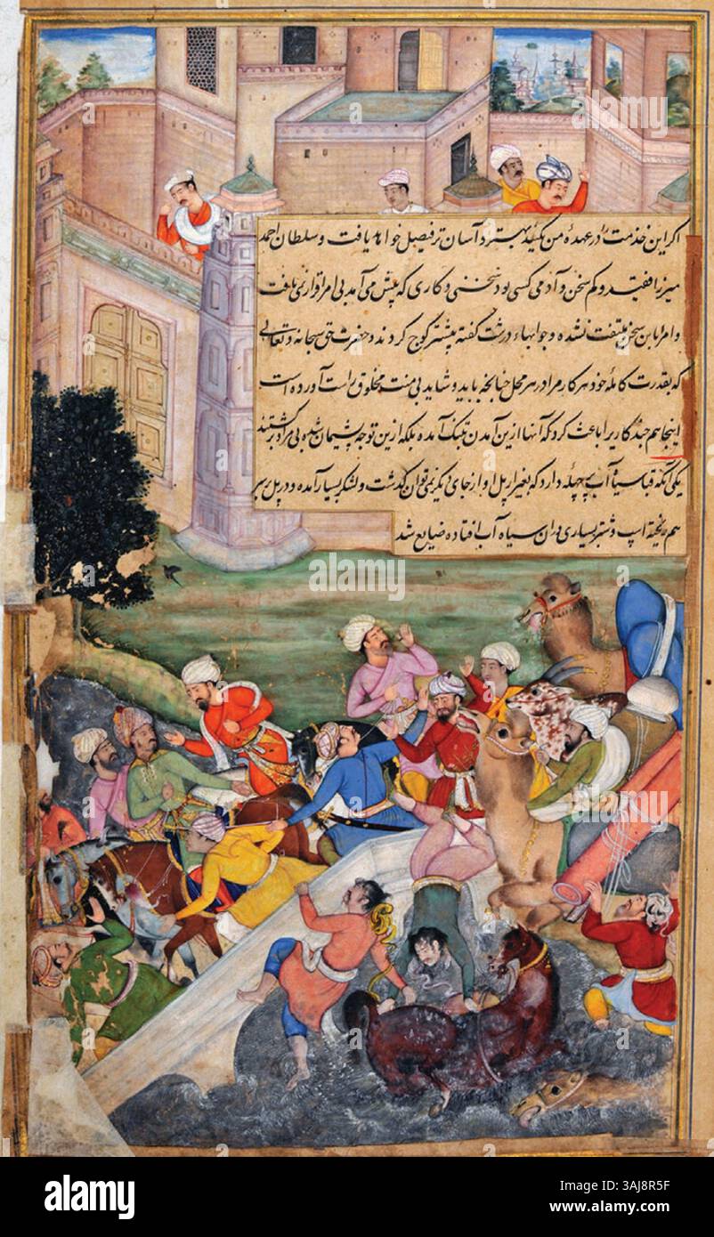 This 1598 Baburnama painting depicts Sultan Ahmad Mirza's men, horses ...