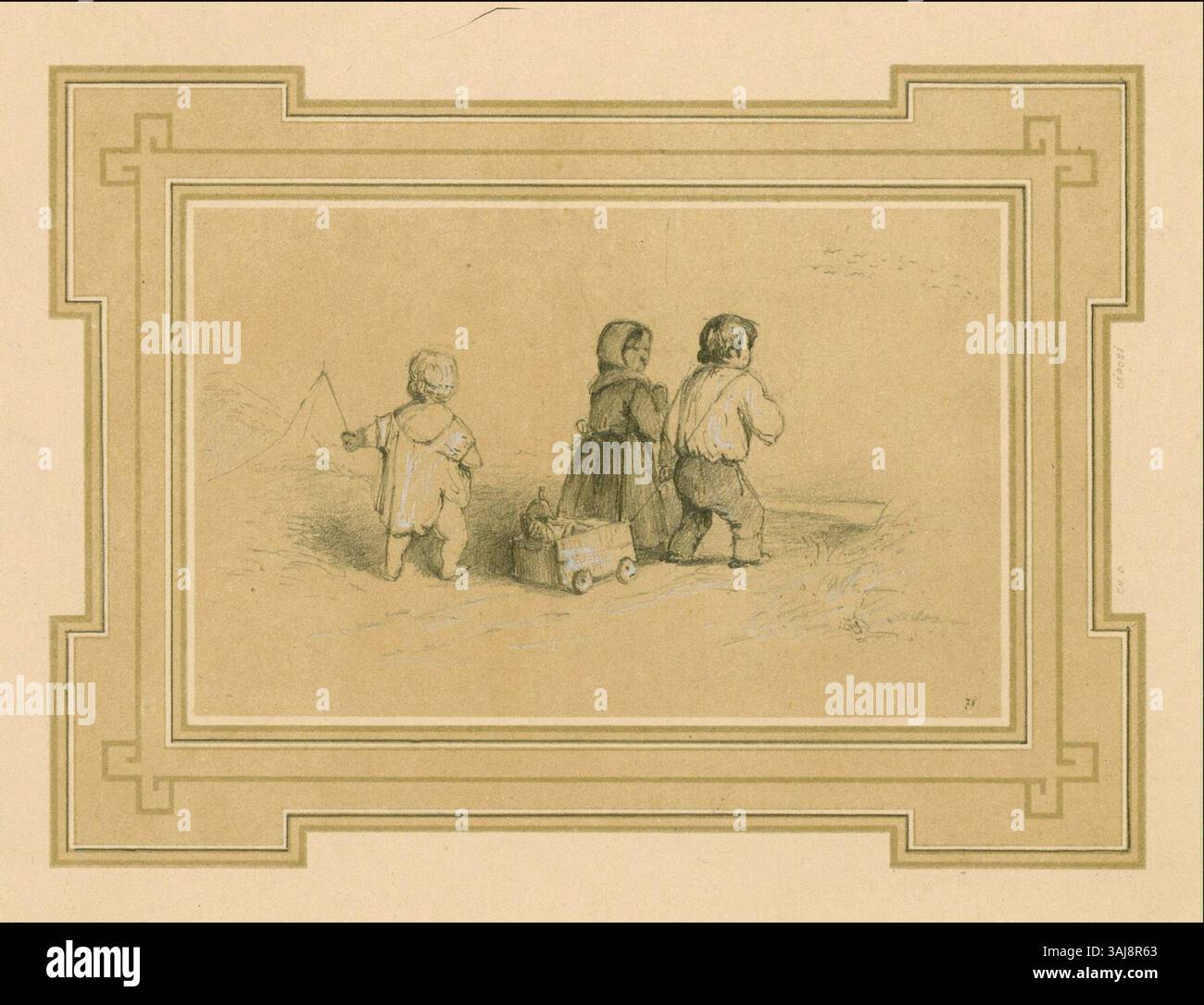 Drawing by Édouard van Marcke featuring three children, one pulling a ...