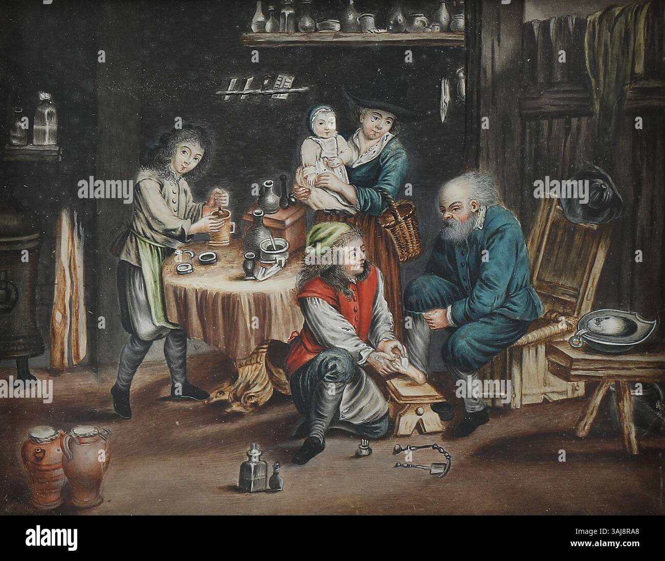 An 18th-century watercolor depicting an elderly man with his daughter ...