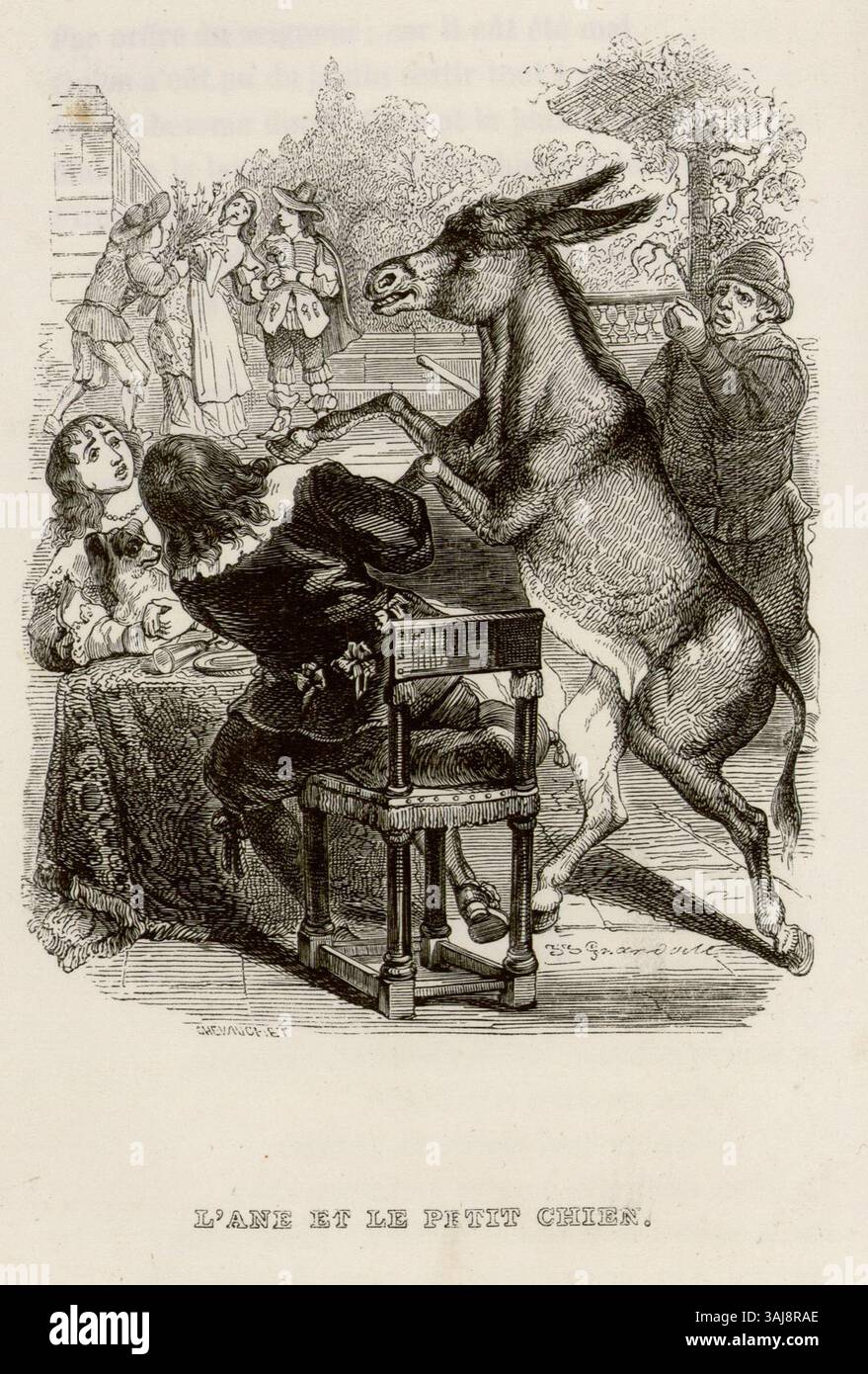 Print from 1838 illustrating the fable 'The Donkey and the Little Dog ...