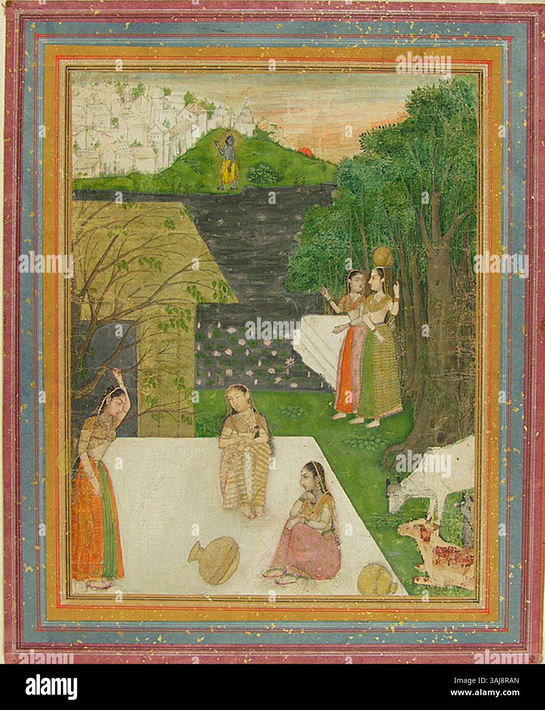 'Gopis Thinking of Krishna,' painted around 1690, depicts a group of gopis in contemplation of ...