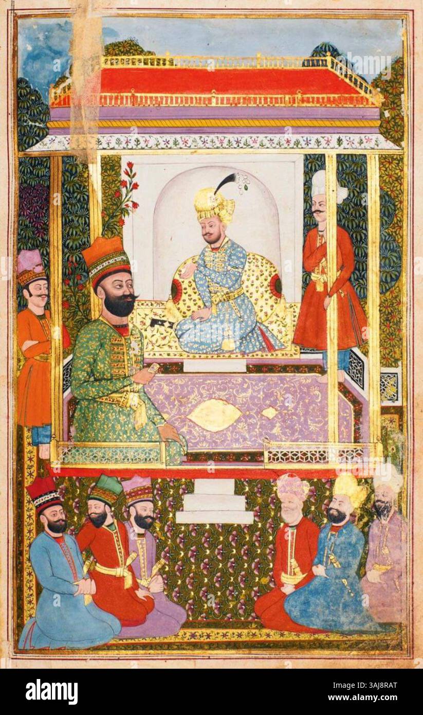 A rare illuminated manuscript depicting Nadir Shah at the court of Shah ...