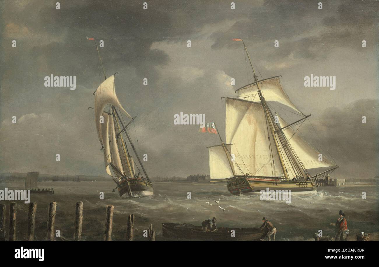 This 18th-century painting by Thomas Elliott features two large cutters ...