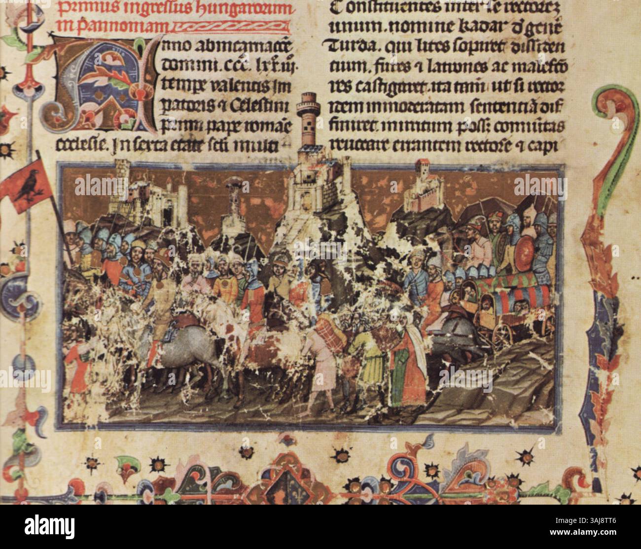 This miniature from the 'Képes Krónika' depicts the Hun invasion of ...