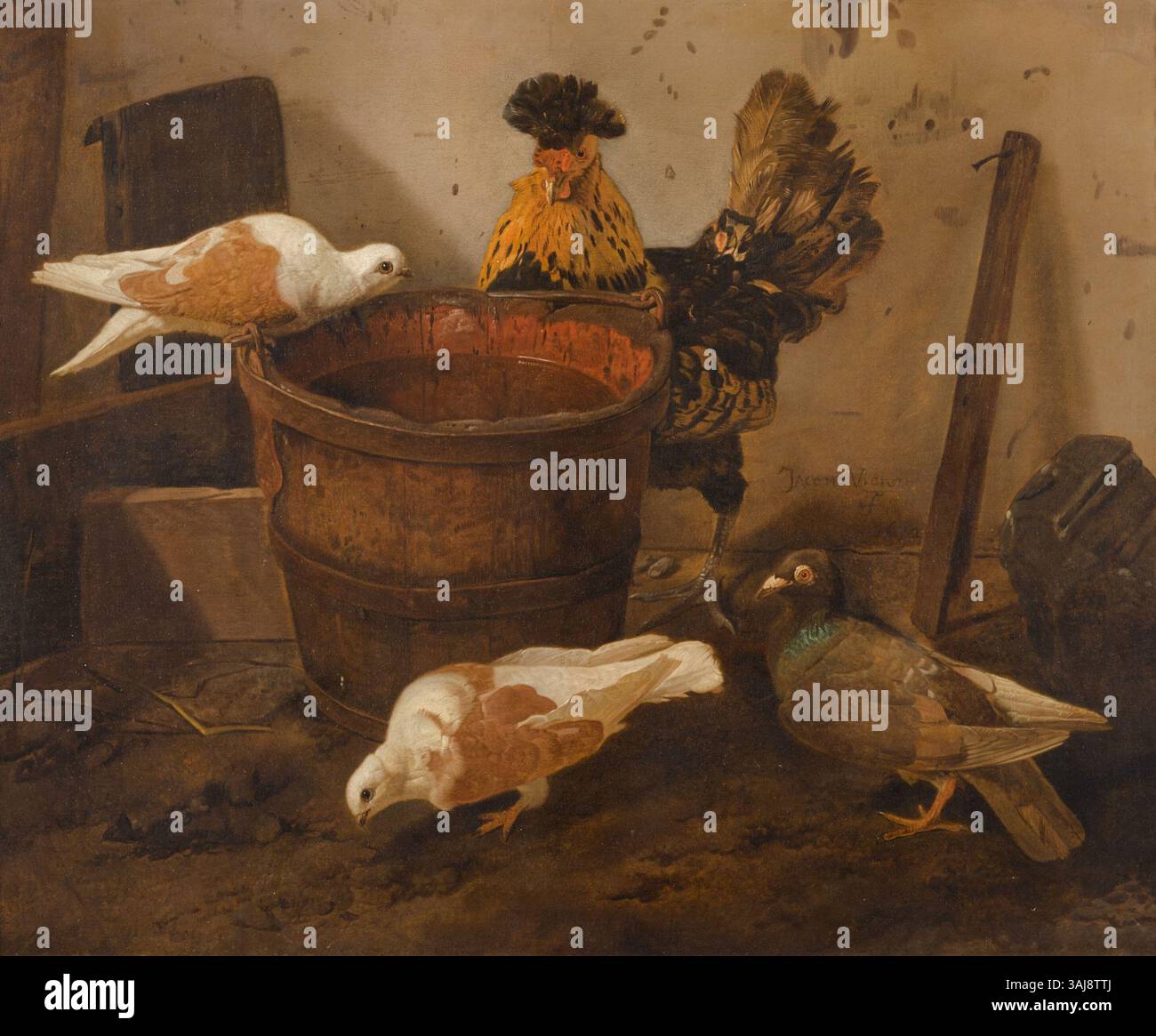 Jacobus Victors' painting 'Three Pigeons and a Rooster by a Pail of ...