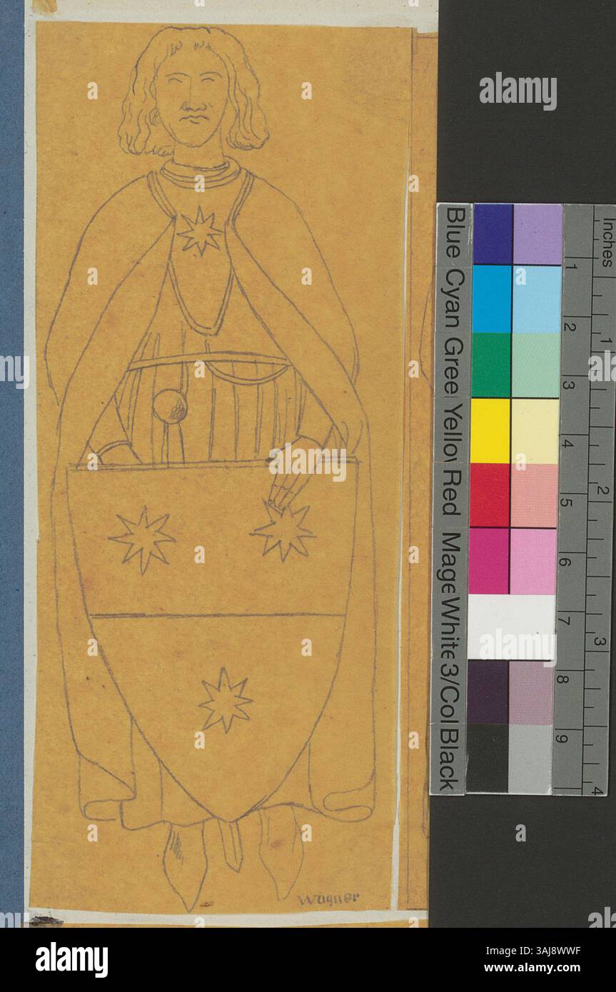 This print showcases a 12th-century knight statue, illustrating ...