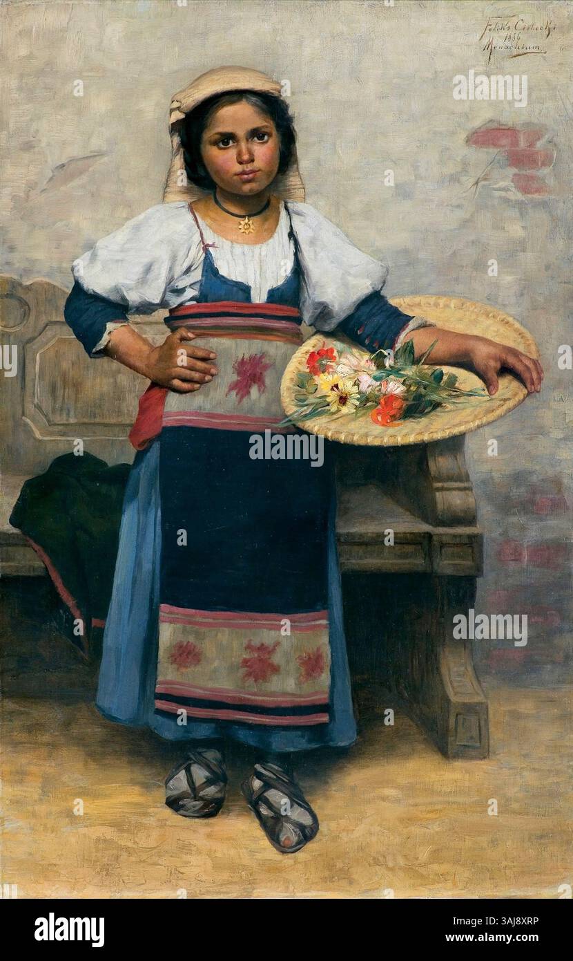 The painting 'Kwiaciareczka' by Feliks Cichocki, created in 1886, depicts a flower girl ...