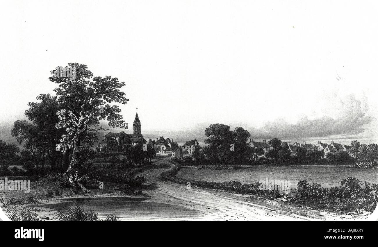 This 1860 engraving by Thomas Drake shows the view of Savenay, a town ...
