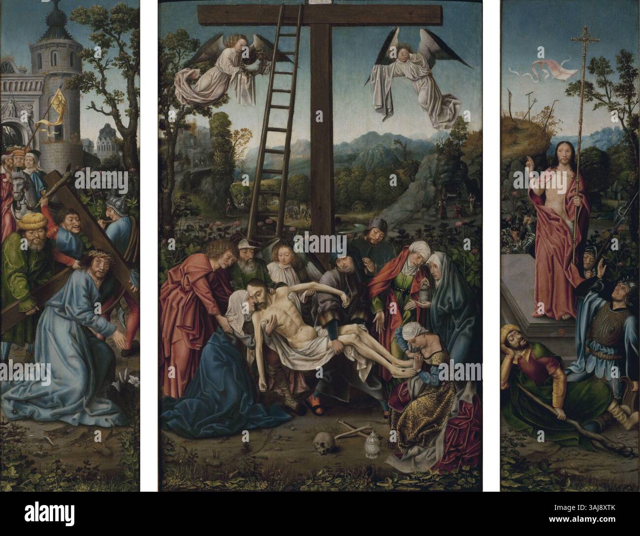 The 'Descent from the Cross' triptych by the Master of Frankfurt, created between 1515 and 1518 ...