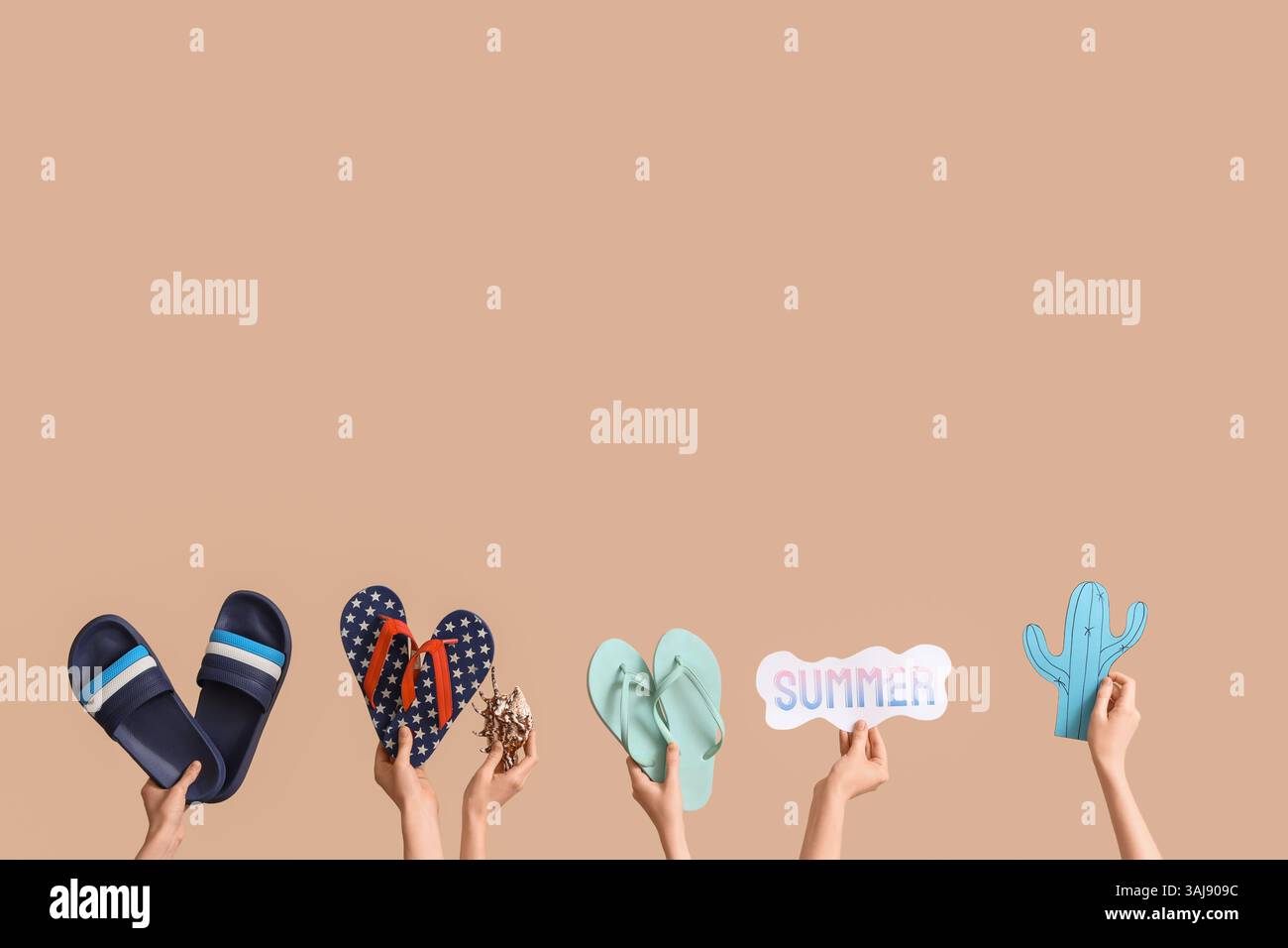 Hands holding three pairs of flip flops with shell, paper cactus and ...