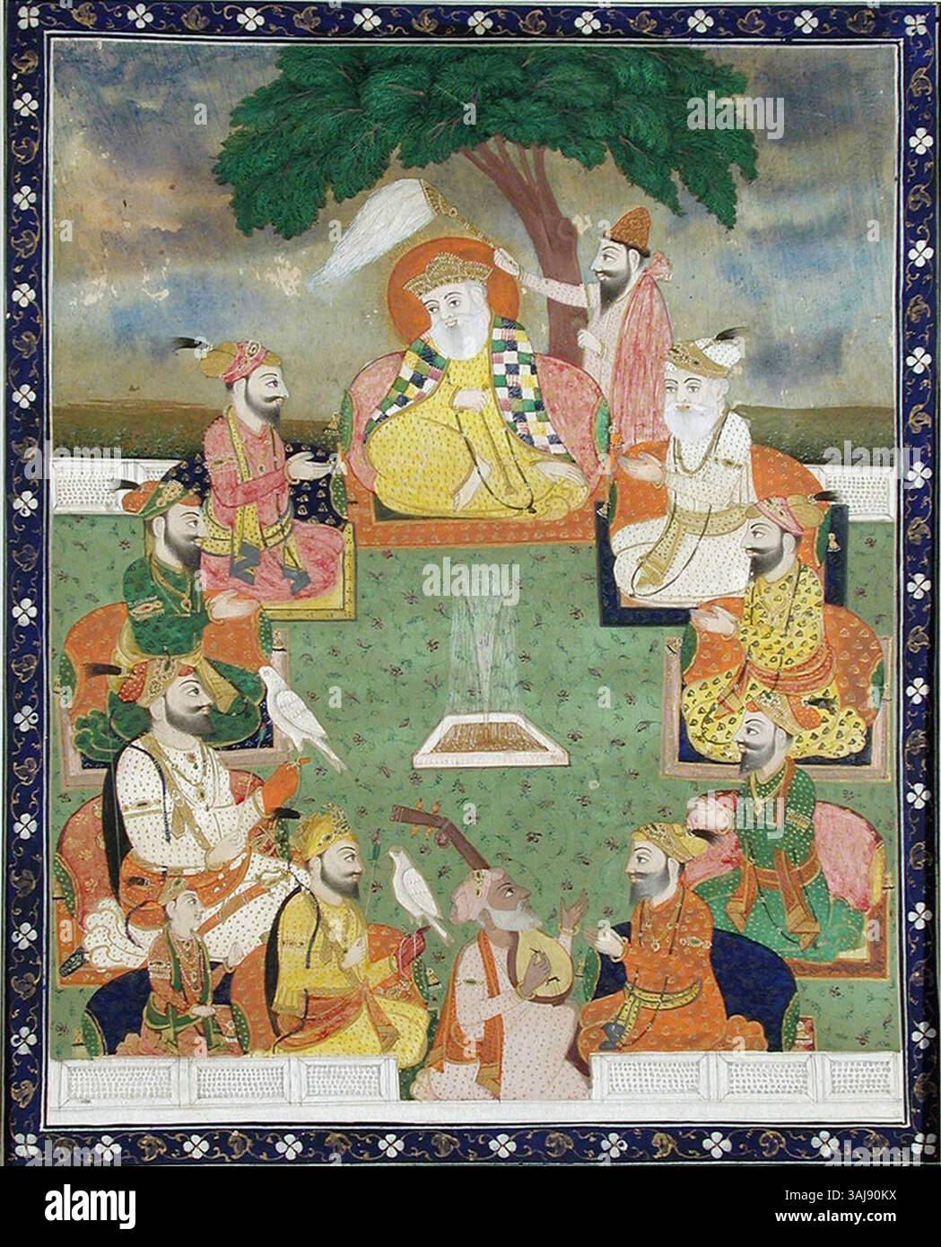 This circa 1840 painting depicts all ten Sikh Gurus seated in a circle under a tree, including ...
