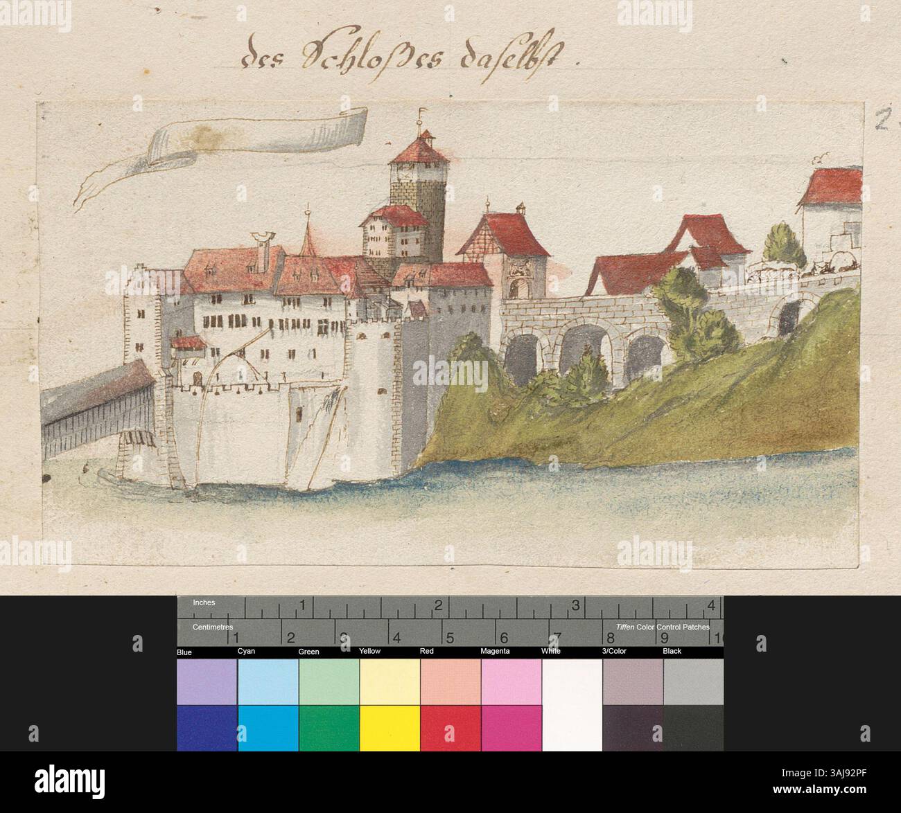 A 17th-century watercolor and pen drawing of Schloss Eglisau, located ...