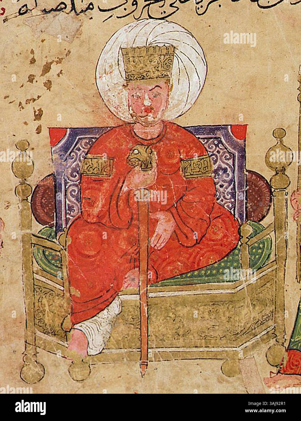 This 14th-century illustration shows a Sultan on his throne, from the manuscript 'Kitab Mukhtar ...