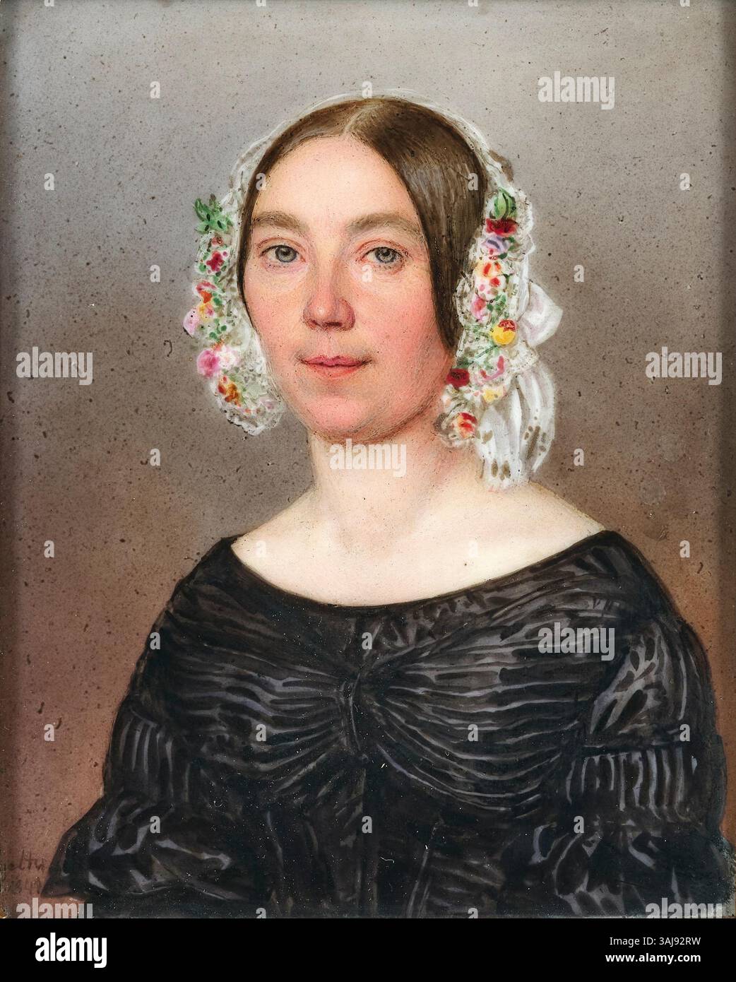 A gouache on porcelain by J. Spelter depicting a lady in black with a ...