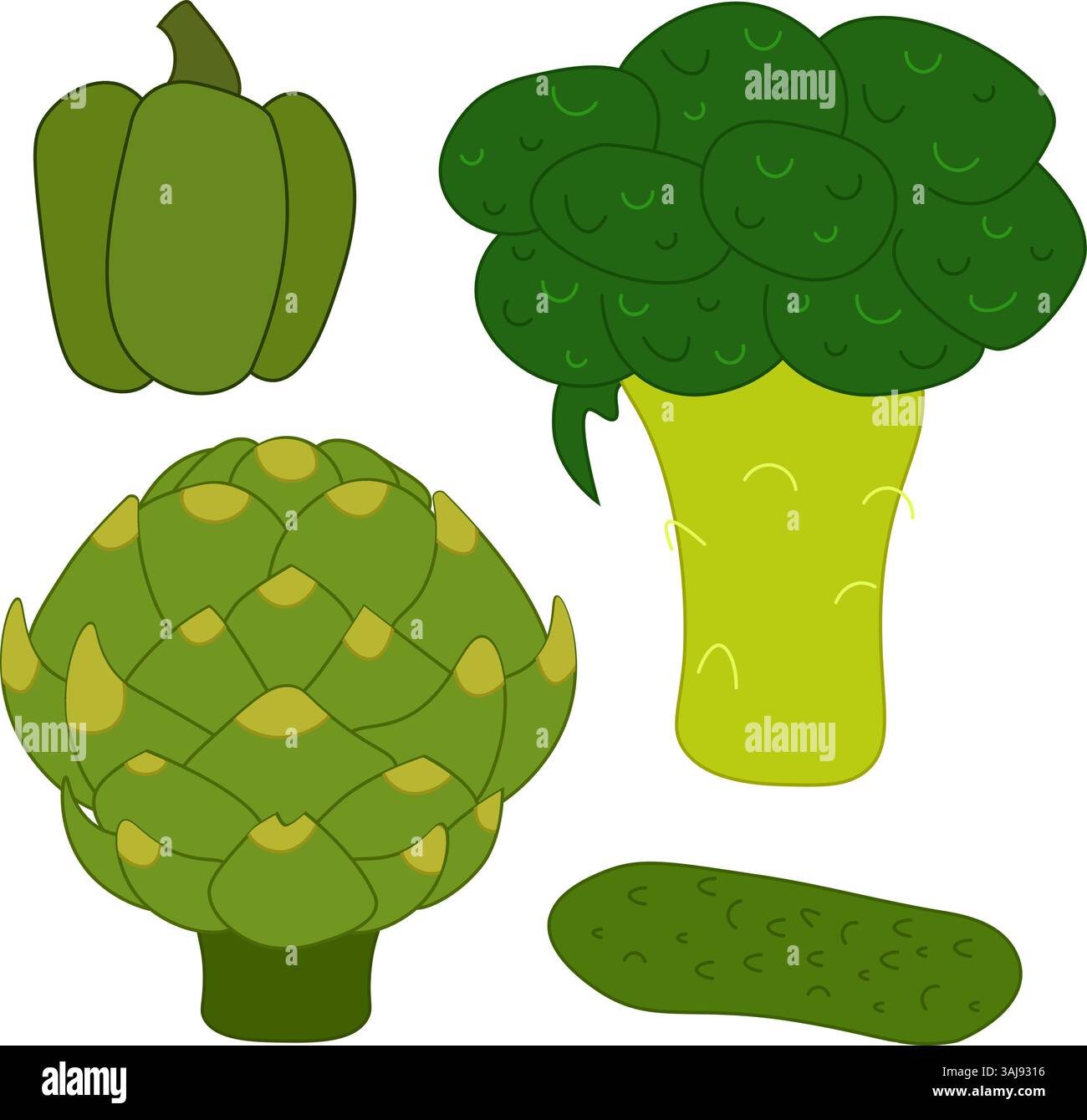 Broccoli, bell pepper, artichoke, cucumber isolated set of cute ...