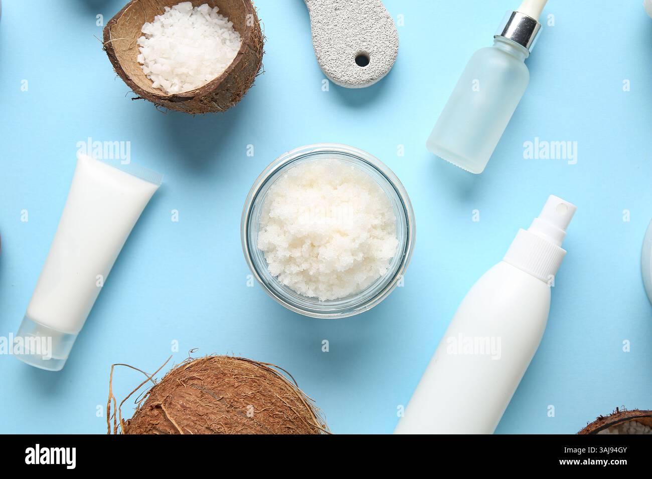 Composition with natural body scrub, cosmetic products and coconut on ...