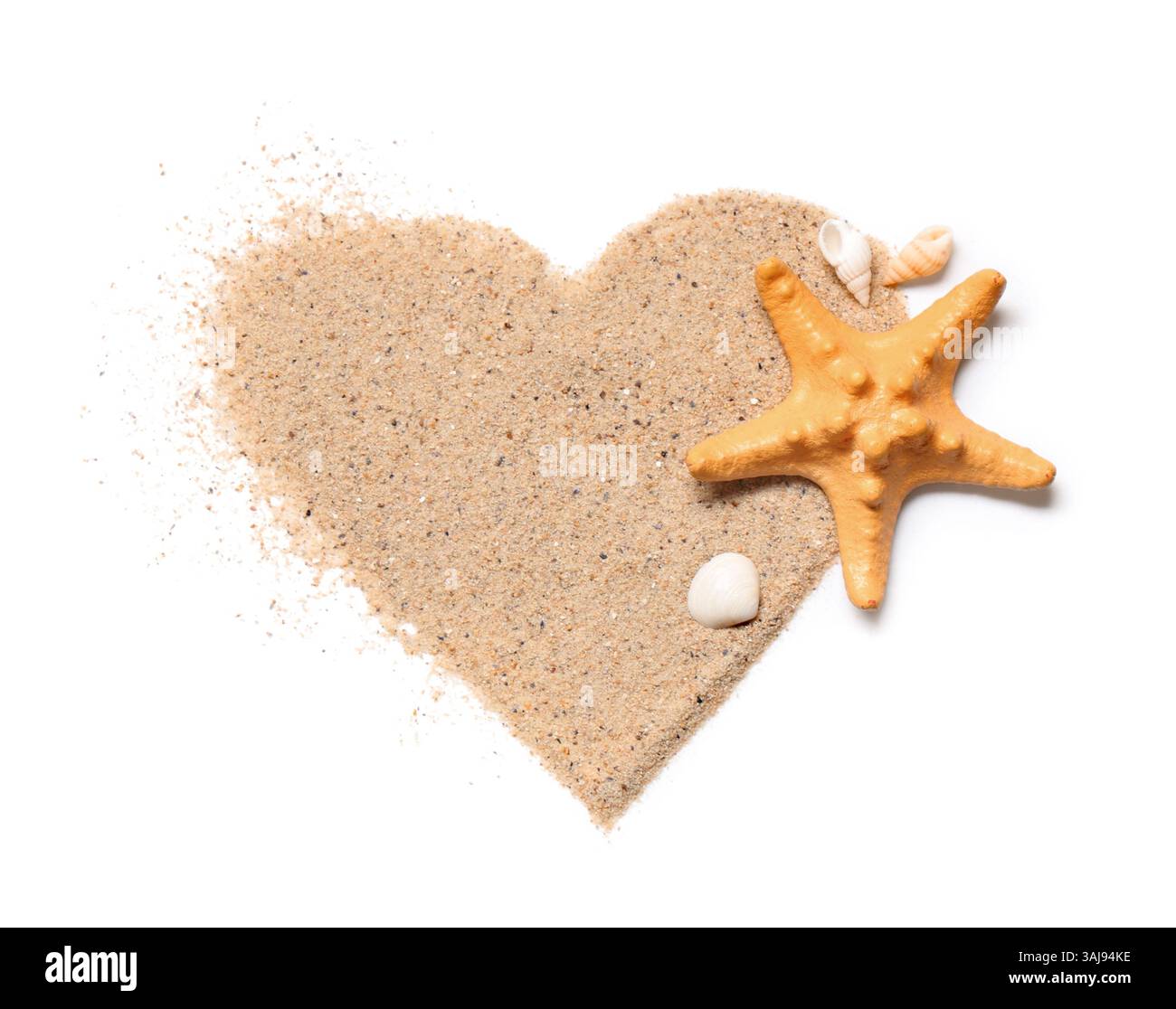 Heart made of sand, starfish and seashells on white background Stock ...
