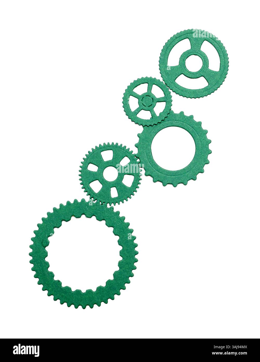 Green paper gears on white background Stock Photo - Alamy