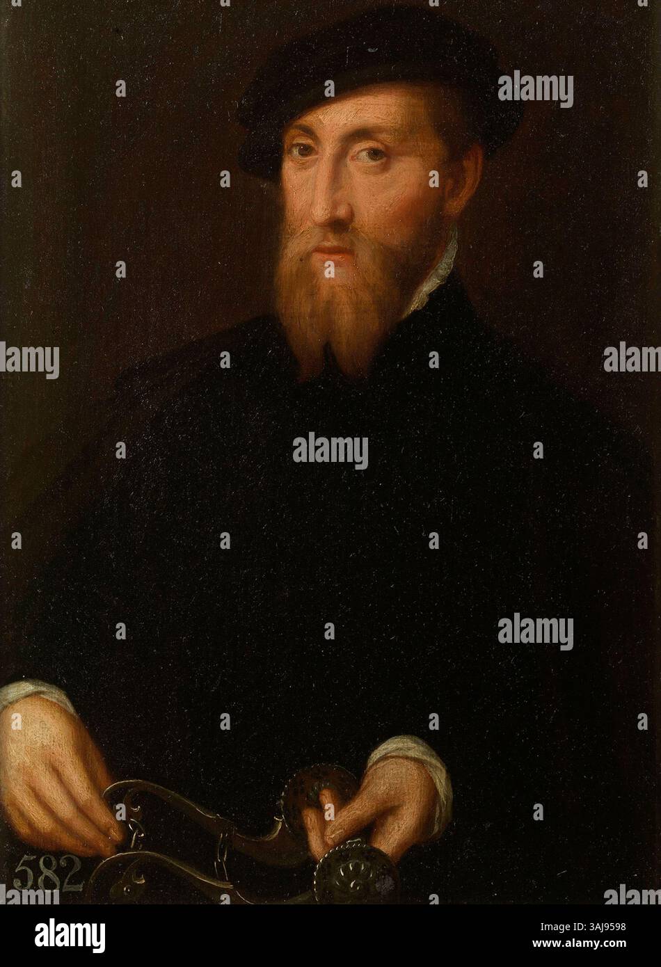 This painting, attributed to the Flemish School, depicts a man holding ...