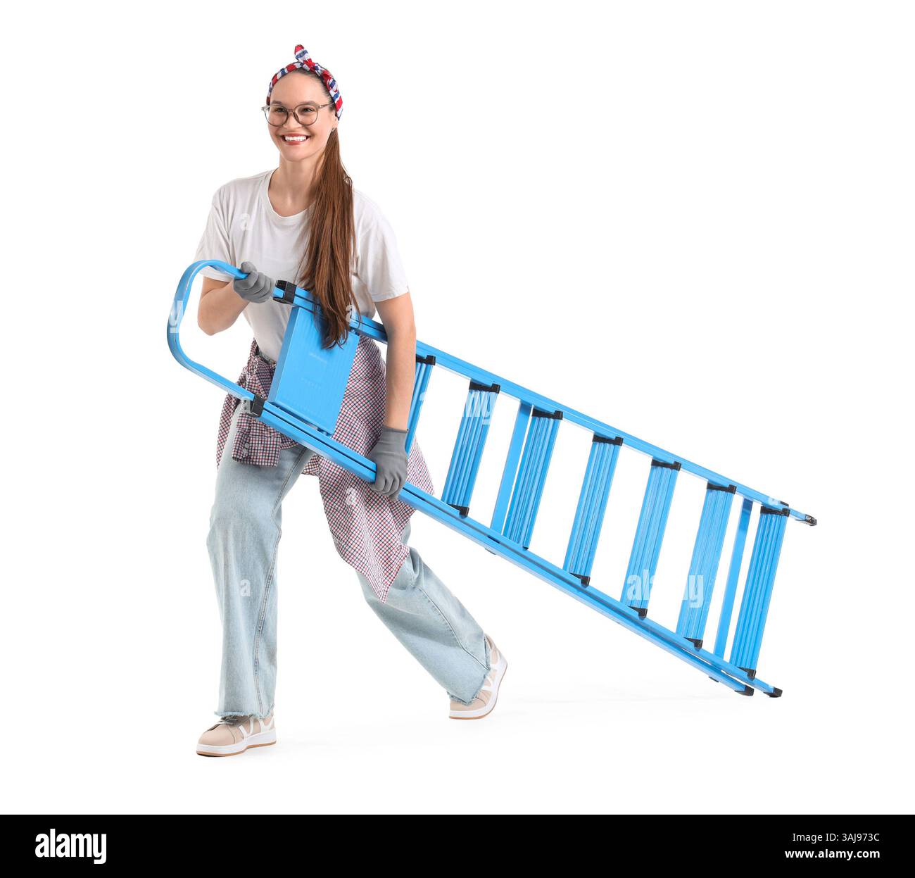 Young woman carrying stepladder on white background Stock Photo - Alamy