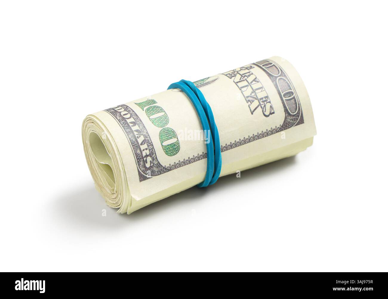 Roll of one hundred dollar banknotes tied with rubber band on white ...