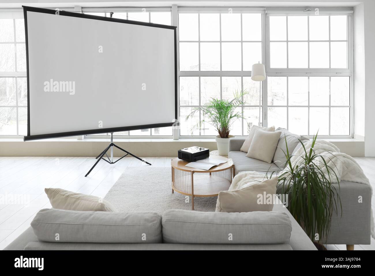 Interior of living room with sofas, table and projector screen Stock ...