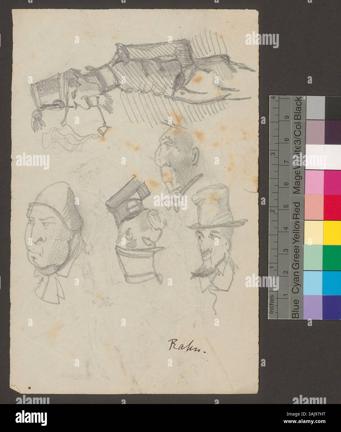 This print features caricature studies of individuals, showcasing ...