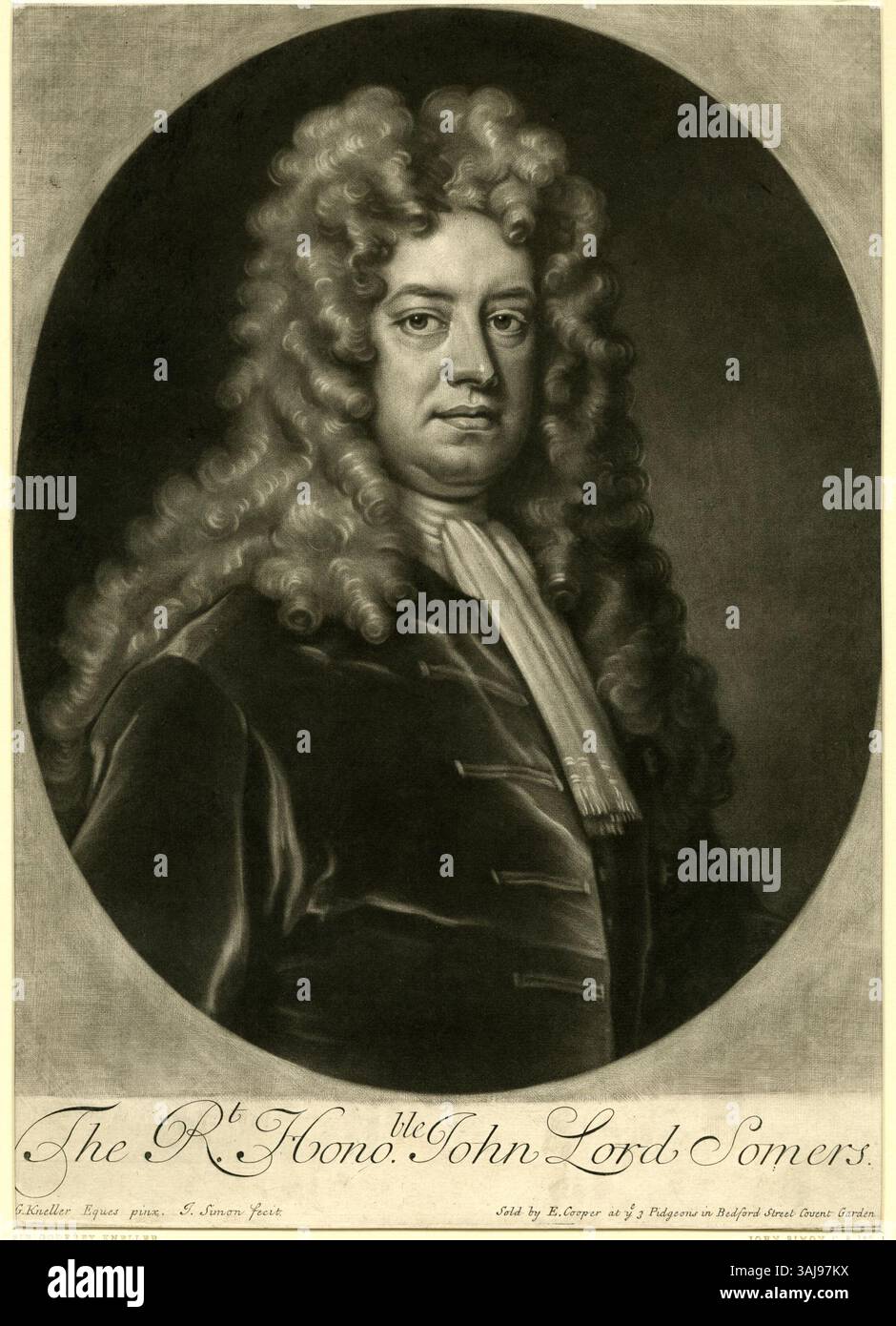 This mezzotint by John Simon after Godfrey Kneller depicts John Somers, 1st Baron Somers, in a ...