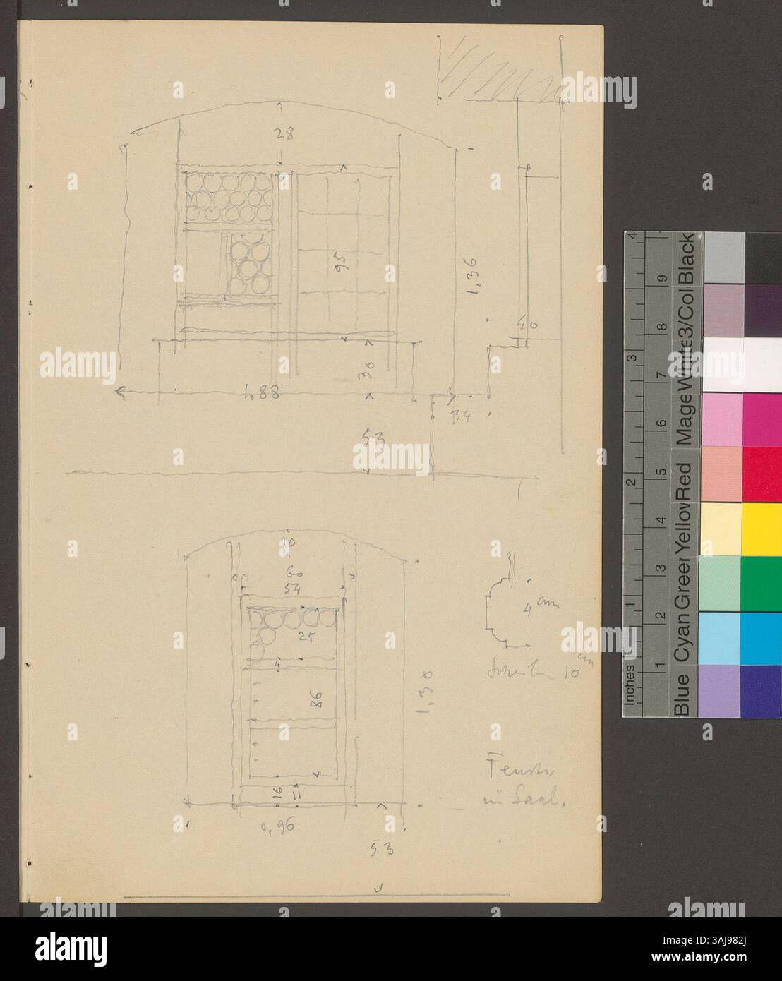 This print depicts a window in a hall, focusing on its architectural ...