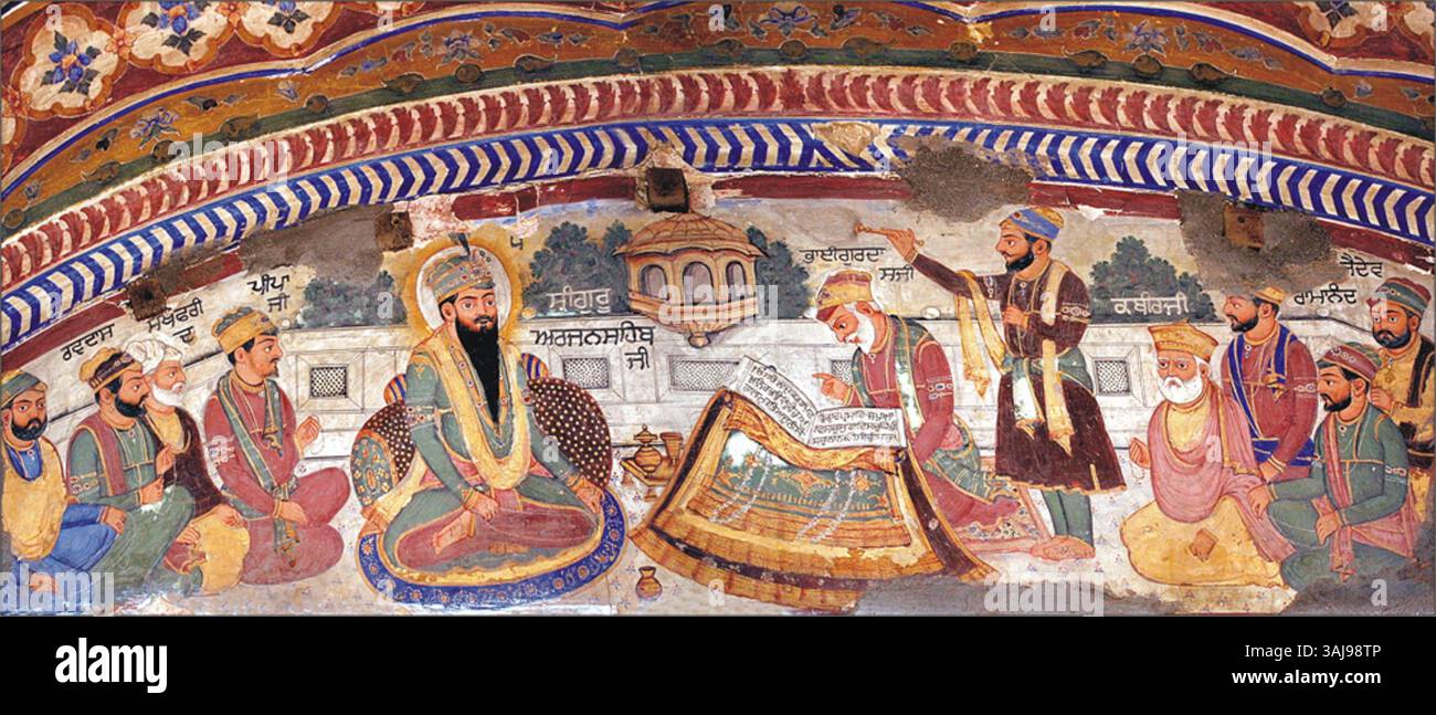 This mid-19th-century fresco from Gurdwara Baba Atal Sahib depicts contributors presenting their ...