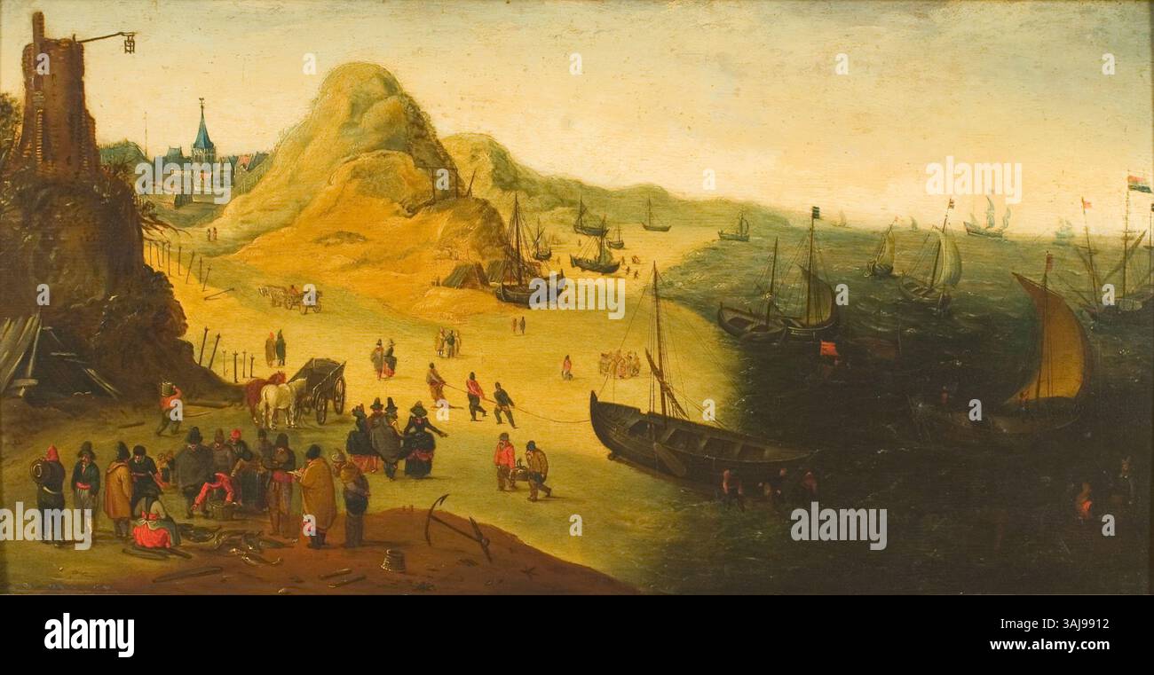 Anonymous, Dutch landscape painting of a seascape with dunes and a ...