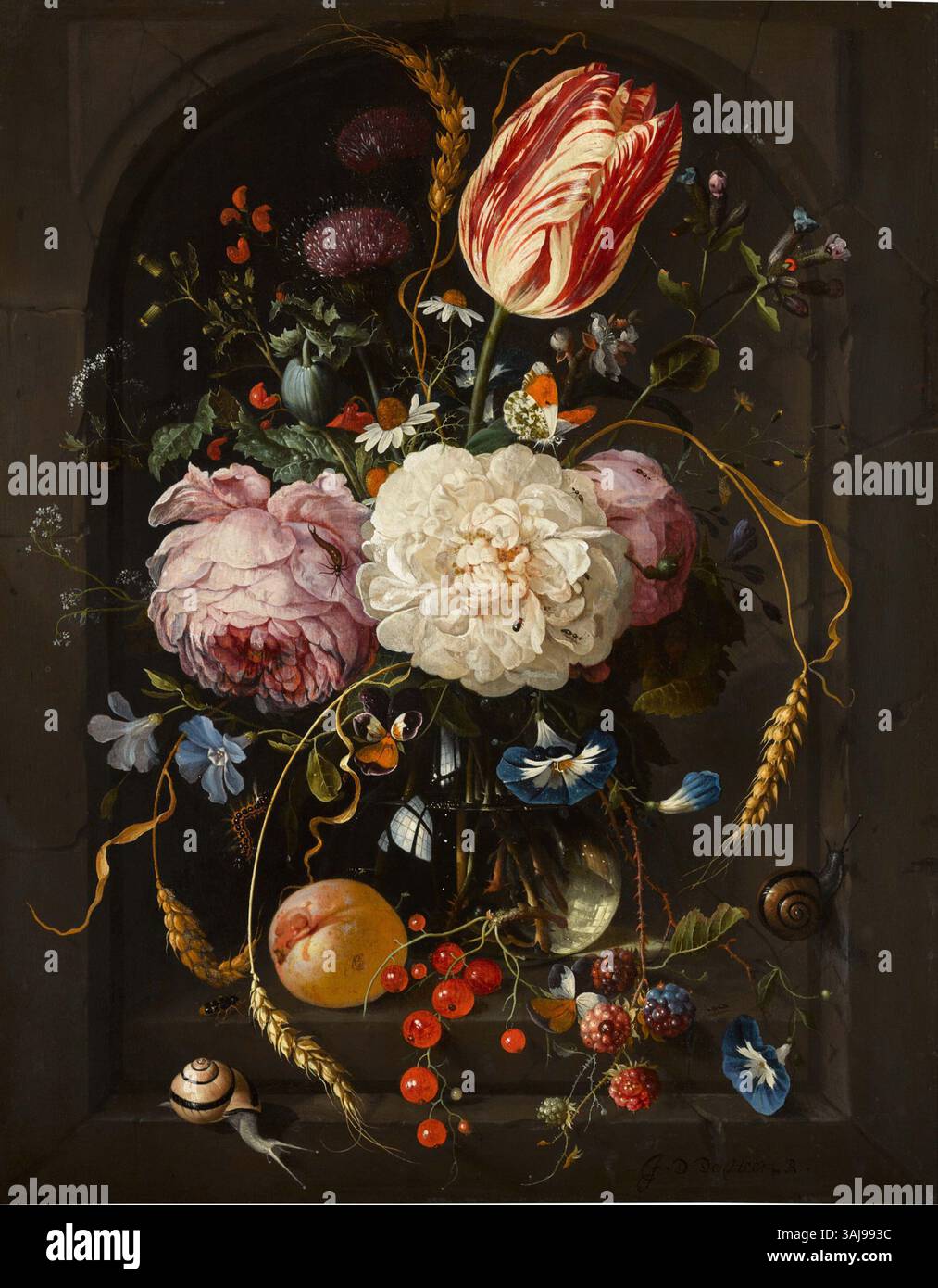 Jan Davidsz de Heem's still life, circa 1660, features a glass vase filled with colorful flowers ...