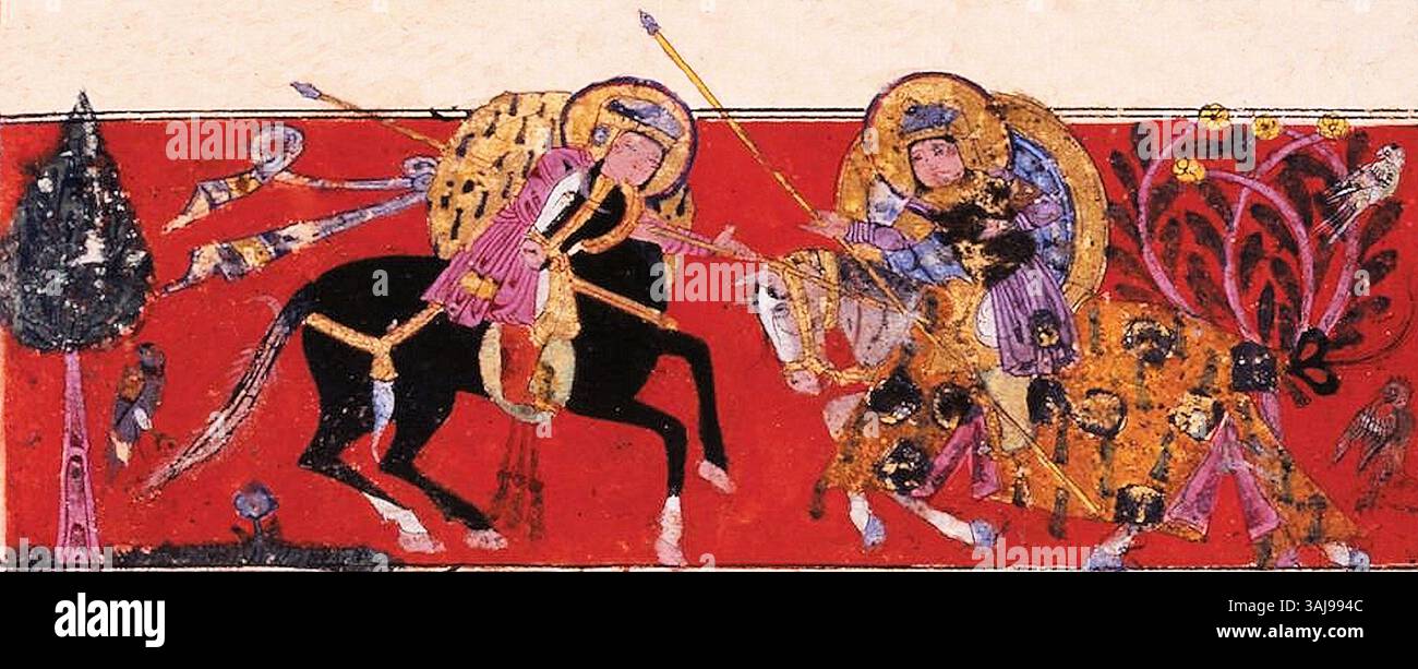 This 13th-century painting from Seljuk Anatolia depicts another battle scene between Varka and ...