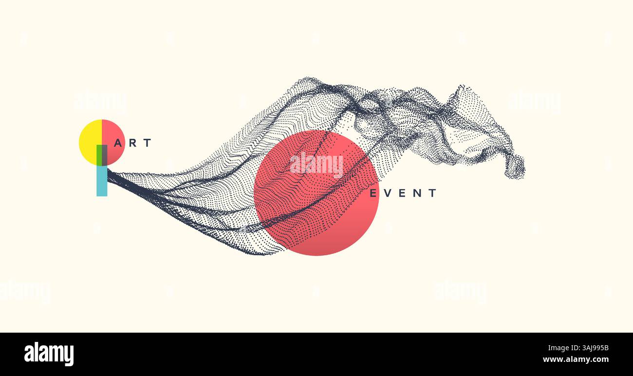 Abstract art in Japanese style. Array with dynamic emitted particles. Water splash imitation ...