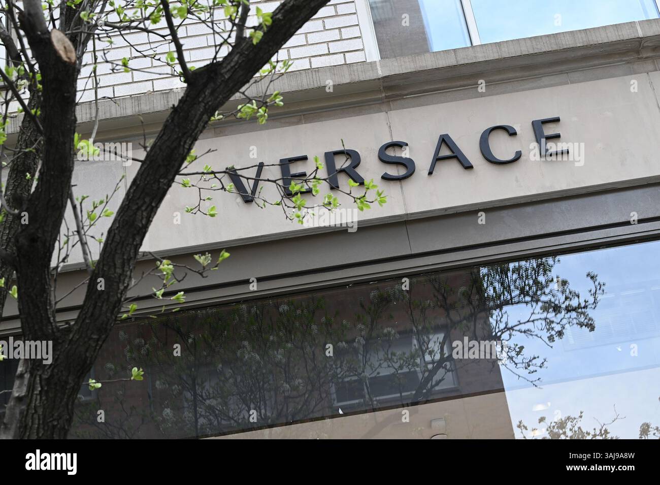 New York, USA. 10th Apr, 2025. View of the Versace logo atop it's ...