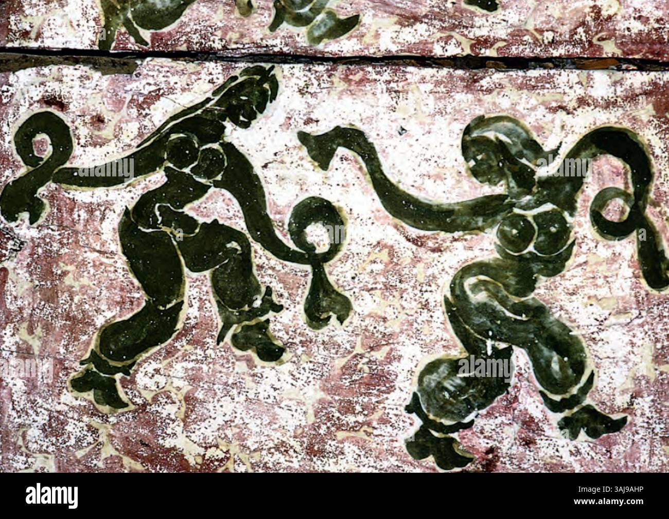 Detail of painted dancers on the second floor ceiling of the Sumtsek ...