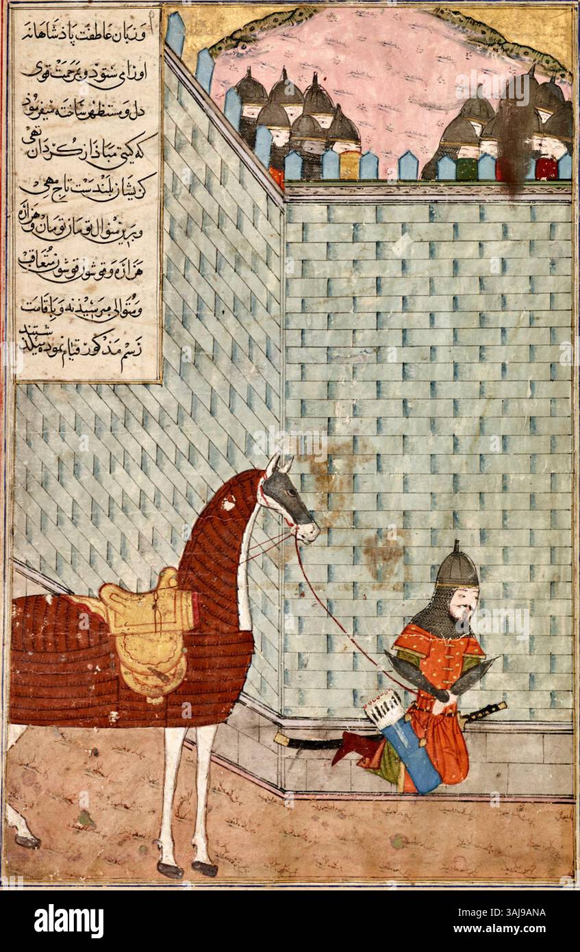 This detailed illustration from the 1436 'Zafarnama' shows a warrior ...